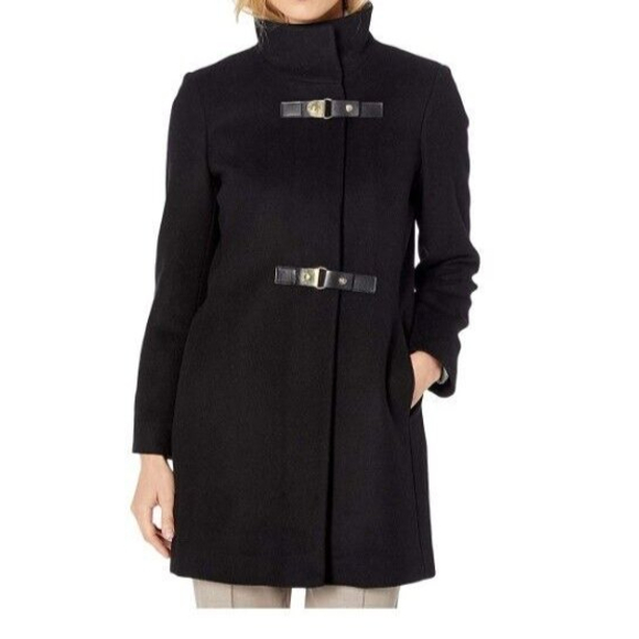 Lauren Ralph Lauren Women Jacket Black Buckle Wool Blend Pea Coat sz 6 NEW
